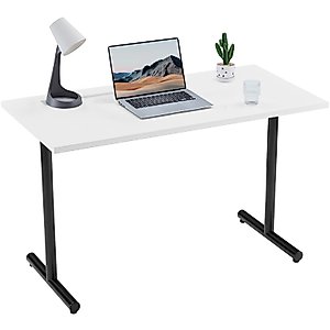 Sunon Home Office 47" Computer Desk Wood Writing Table with Cable Managemant, Black Metal Frame, White