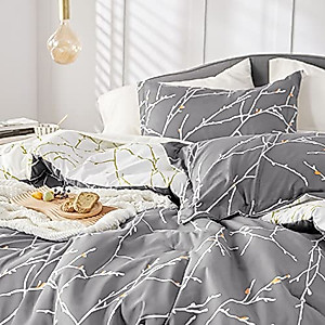 Bedsure Queen Comforter Sets - Bed in a Bag Queen 7 Pieces, Grey Flroal Reversible Bed Set Tree Branch Pattern Printed with Comforters Queen Size, Sheets, Pillowcases & Shams