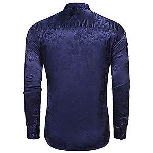 COOFANDY Mens Floral Rose Printed Long Sleeve Dress Shirts Prom Wedding Party Button Down Shirts (Deep blue)