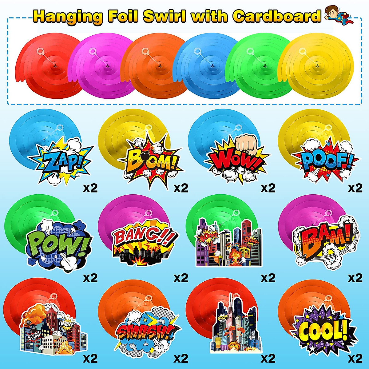 54 Pieces Hero Themed Party Decorations, Fun Hero Theme Party Sign Cutouts cirty theme Ceiling Hanging Swirls Streamers for Kids Adults Hero Birthday Celebrating Party Baby Shower Supplies