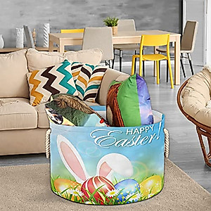 Happy Easter Eggs And Rabbit Large Round Baskets for Storage Laundry Baskets with Handles Blanket Storage Basket for Bathroom Shelves Bins for Organizing Nursery Hamper Girl Boy