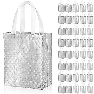Tosnail 40 Pack 10 x 8 Inch Glossy Reusable Grocery Bags, Shop Tote Bag, Present Gift Bag for Wedding, Party - Checkered Silver