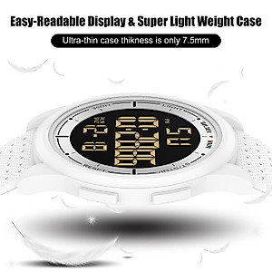 GOLDEN HOUR Ultra-Thin Minimalist Sports Waterproof Digital Watches Men with Wide-Angle Display Rubber Strap Wrist Watch for Men Women in White