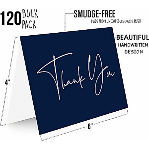 120 Classy Navy Blue Thank You Cards Bulk- professional Thank U Greeting Notes, Blank Inside with matching Brown Kraft Envelopes & Stickers Perfect for Wedding, Business,Graduation & Much More.