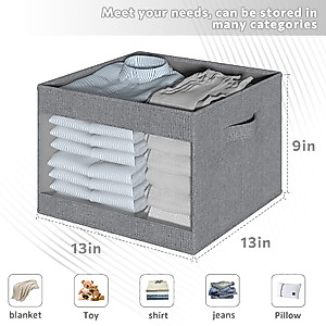 3 Pack Closet Storage Bins with Clear Window - Foldable Storage Cubes with Handles Clothing Baskets for Shelves Large Fabric Closet Organizers and Storage Bins for Clothes, Toys, Book (Gray 3pcs)