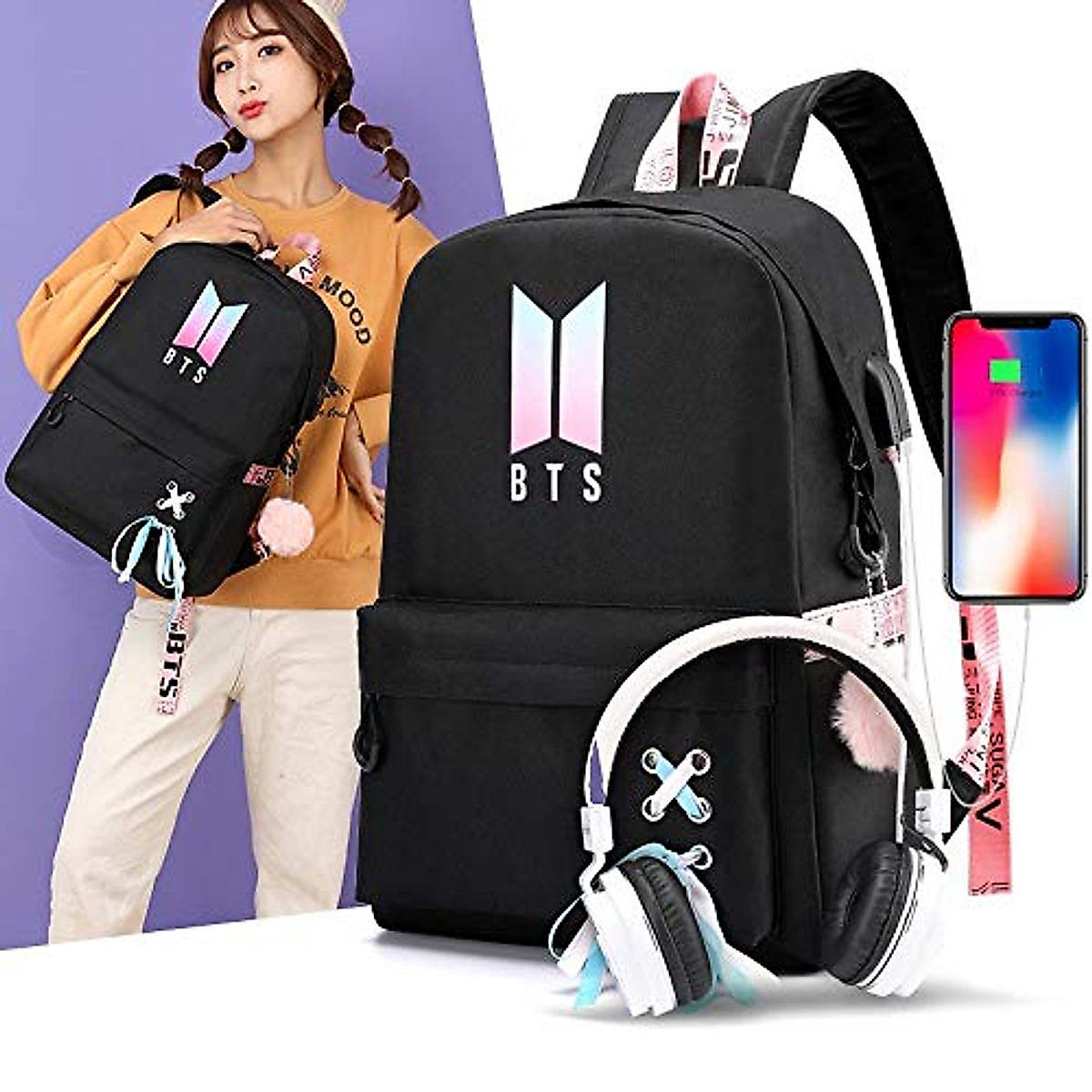 Alikpop Bookbag Jimin Suga V Jhope Rapmonster Suga Jungkook Taehyung V Travel Back Pack With 925 Silver Bracelet for Student Work Men & Women