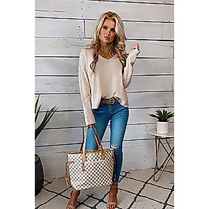 Niceyi Women's Casual Knitwear Pullover Sweater Soild Color V-Neck Loose Long Sleeve Knit Jumper Tops (Beige,Medium,Medium)