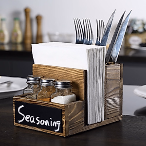 MyGift 4 Piece Set Rustic Brown Solid Wood Napkin and Salt & Pepper Shaker and Flatware Holder Caddy with 4 Compartments, 3 Seasoning Jar Bottles and Chalkboard Label