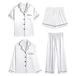 SWOMOG Silk Satin Pj Sets for Women 4 Pieces Button Down Pajama Soft Sleepwear White