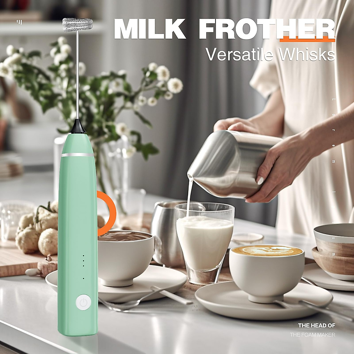 Laposso Milk Frother Rechargeable Handheld Electric Whisk Coffee Frother Mixer with 2 Stainless whisks 3 Speed Adjustable Foam Maker Blender for Coffee Matcha Latte Cappuccino(Avocado Green)