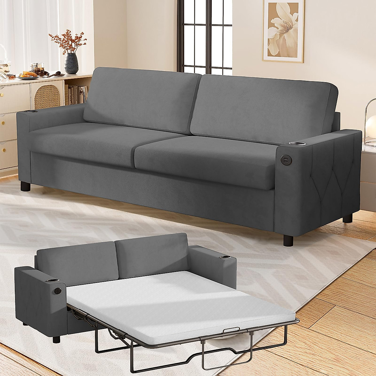 BALUS Pull Out Sofa Bed, 2-in-1 Convertible Sleeper Sofa with Memory Foam Mattress, Queen Size Sleeper Couch with Cup Holders and USB Ports for Home Office Living Room-Dark Grey