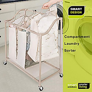 Smart Design Deluxe Rolling Triple Compartment Laundry Sorter Hampers with Wheels - Holds 6 Loads - Sturdy Steel Metal Frame - Clothes and Laundry - Home Organization - 30 x 32 Inch - Beige