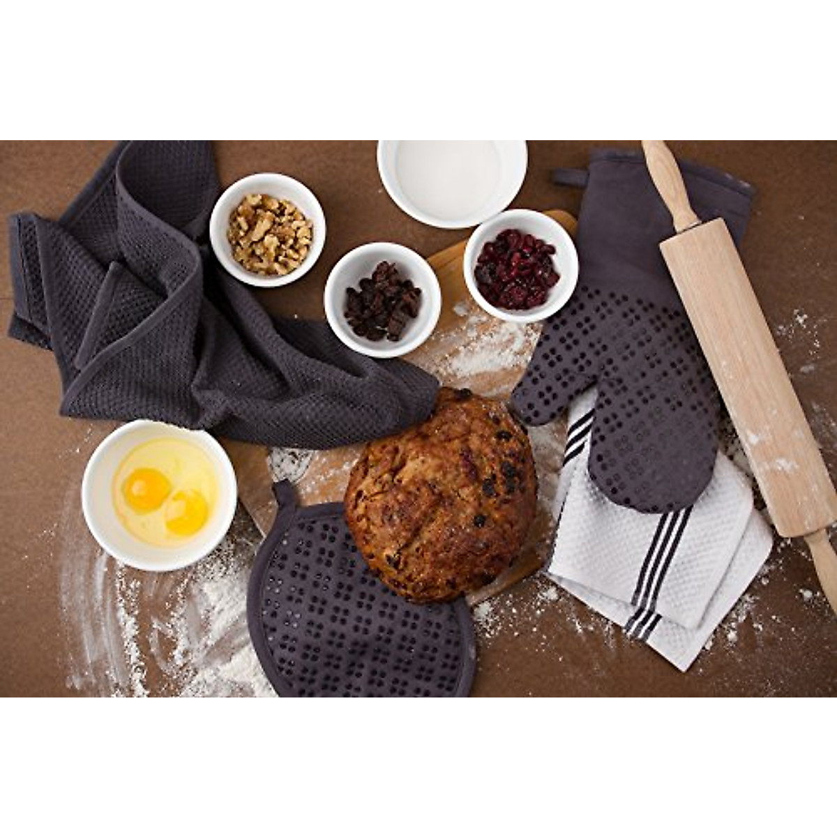 Kitchen Towels Dishcloths Oven Mitts and Pot Holders Set of 9, Oeko-Tex 100% Cotton Terry Dish Towels & Dish Cloths, Non-Slip Silicone, Gray