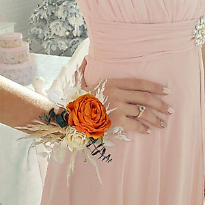 Rinlong 6pcs Dried Flower Wrist Corsage Wristlet Bridesmaid Bracelet Boho Terracotta Shoulder Corsage Wrist Flowers Wedding Bride Flower Accessories