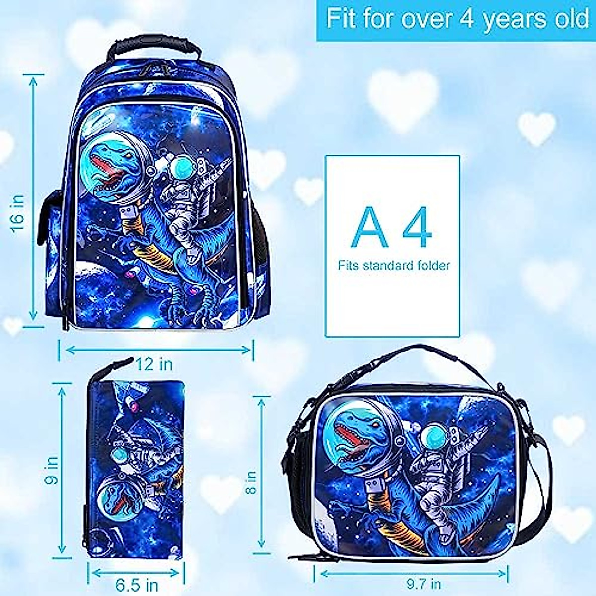 UFNDC 3PCS Dinosaur Backpack for Boys, 3D Kids Preschool Bookbag with Lunch Box, 16”Water Resistant School Bag for Elementary Toddler