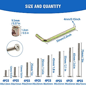Socell 61pcs Crib Bunk Bed Furniture Hardware Replacement Kit, Stainless Steel Hex Drive Socket Cap Furniture Barrel Screws Bolt Nuts Assortment Kit for Crib Screws with 1 Wrenches(M6x12mm-75mm)