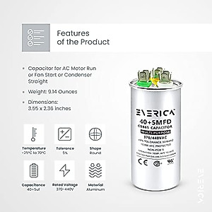 EVERICA 40+5 uF 40/5 MFD ±6% 370V/440VAC CBB65 HVAC Dual Run Circular Start 40/5 440v Capacitor for AC Air Conditioning Run Capacitor Motor Run Fan Start or Condenser Straight