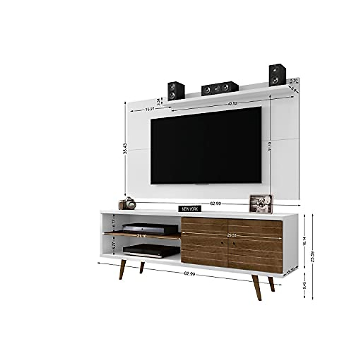 Manhattan Comfort Liberty Mid-Century Modern Living Room TV Stand and Panel, 62.99", White/Rustic Brown