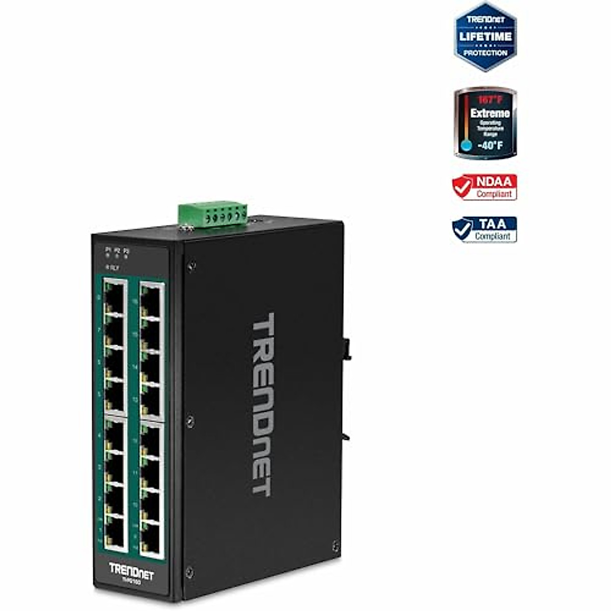 TRENDnet 16-Port Hardened Industrial Unmanaged Gigabit 10/100/1000Mbps DIN-Rail Switch w/ 16 Gigabit PoE+ Ports, Lifetime Protection, TI-PG160