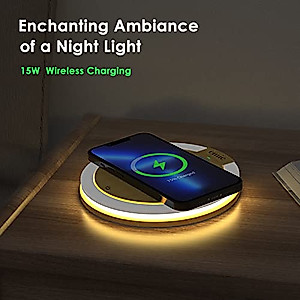 emie Wireless Charger Pad with Lamp, Fast Max 15W Wireless Charging Solution for Qi Enabled/iPhone/Galaxy, LED Touch Table Lamp for Bedside Nightstand Desk and Bedroom Dorm Home Office Decor