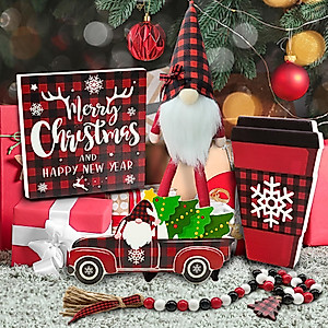 Christmas Tiered Tray Decorations, Christmas Wooden Signs & Gnome Plush Decor Buffalo Plaid 6 PCS for Home Indoor Table, Xmas Tabletop Farmhouse Rustic for Home Kitchen Holiday