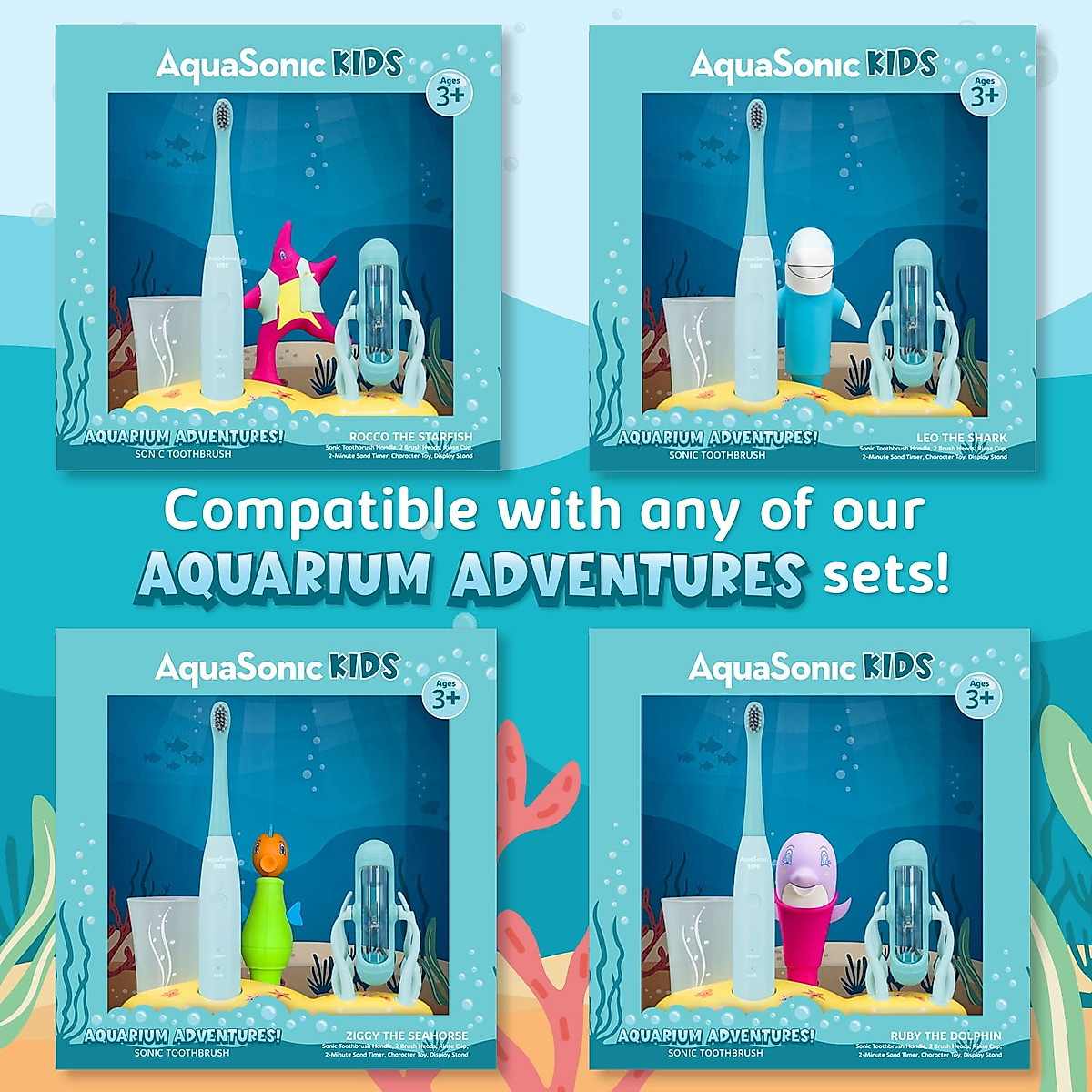 AquaSonic Kids Brush Head Replacement 2-Pack for Aquarium Adventures Sonic Electric Toothbrush for Ages 3 and Up