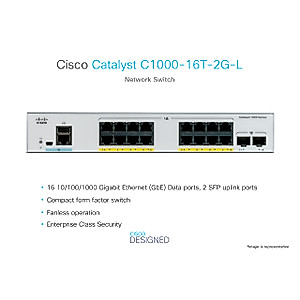 Cisco Catalyst 1000-16T-2G-L Network Switch, 16 Gigabit Ethernet Ports, 2 1G SFP Uplink Ports, Fanless Operation, Enhanced Limited (C1000-16T-2G-L)