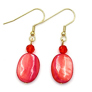 "Coral Island", Coral Color Mother-of-pearl Earrings with Goldtone Wires