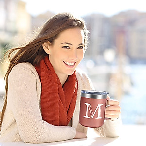 LiqCool Initial Mug, Monogrammed Gifts for Women Men, Letter-M, K, A, S Initial Monogram Engraved Coffee Mug Tumbler, Monogram Mug Personalized Gifts for Women Men, 12 Oz Travel Coffee Mug(Rose Gold)