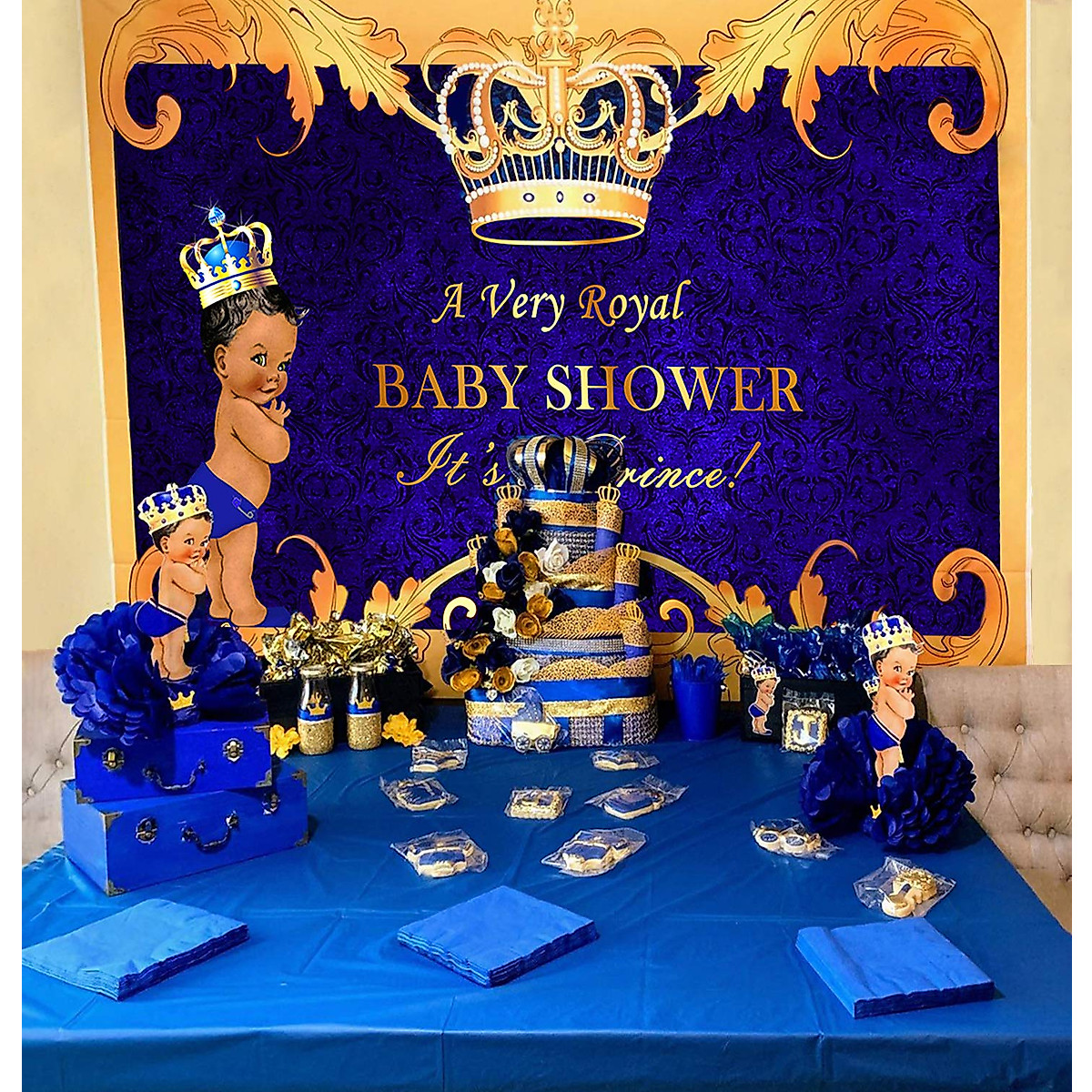 Mocsicka Royal Prince Baby Shower Backdrop Black Boy Gold Crown Photography Background 7x5ft Little Prince Royal Blue Backdrops for Baby Shower Party