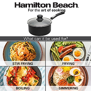Hamilton Beach Nonstick Covered Sauce Pan 3-Qt - Black Aluminum Saucepan with Soft Touch Bakelite Handle & Glass Lid - Flared Edge - Spiral Bottom, Multipurpose Use - Durable & Dishwasher Safe