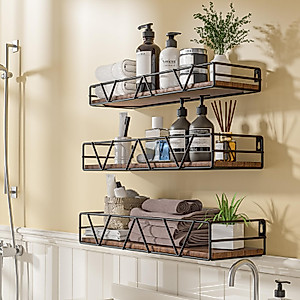 Amaoot Floating Shelves Set of 3, Home Wood Wall Shelf, Farmhouse Shelf for Bedroom, Wall Mounted Floating Shelf for Living Room, Bedroom, Bathroom, Kitchen, Office (Black)