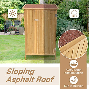 Goplus Outdoor Storage Cabinet, 5 × 3 FT Wooden Garden Shed with Asphalt Roof, 3 Shelves, Lockable Door, 5 Hanging Hooks, Outside Utility Tool Shed Organizer for Backyard, Patio, Deck, Natural