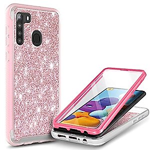E-Began Case for Samsung Galaxy A21 with [Built-in Screen Protector], Full-Body Protective Shockproof Rugged Bumper Cover, Impact Resist Durable Case -Glitter Shiny Bling Rose Gold