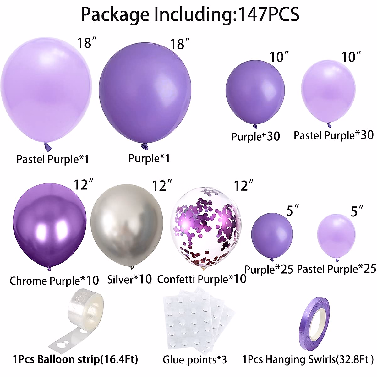 UniStylar 147Pcs Purple Balloons Garland Arch Kit, Light Pastel Lavender Silver Metallic Confetti PurpleBalloons for Womens Girls Baby Shower Wedding Birthday Party Decorations(Purple Silver)