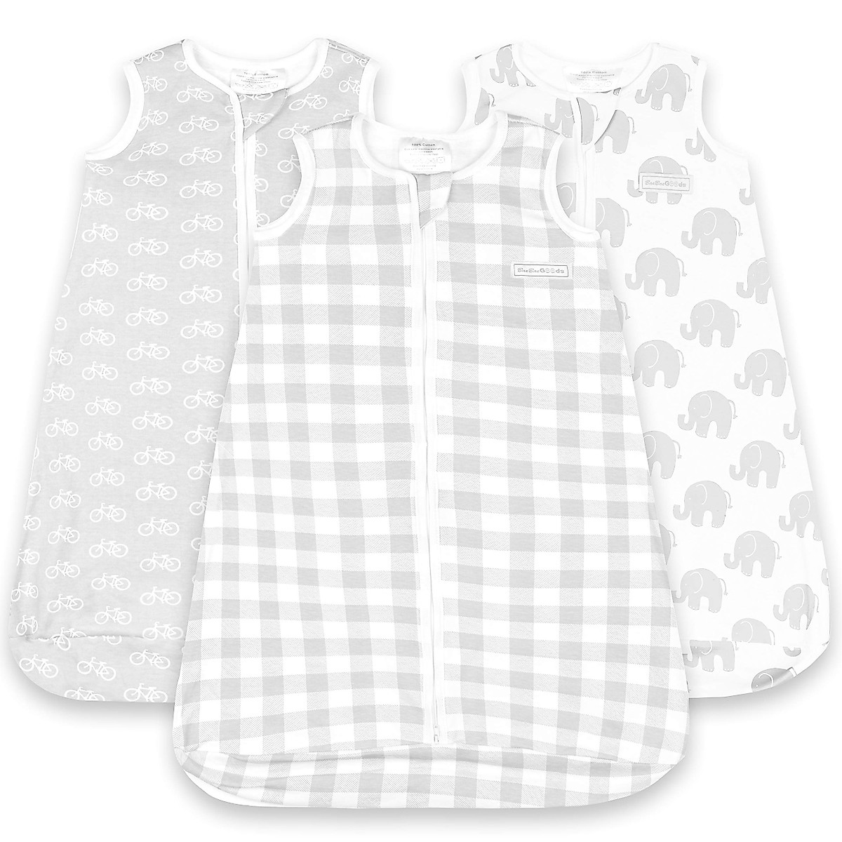 Baby Sleeping Bag Sack – Infant Sleeping Bags – 3 Pack - Pure Cotton Unisex Zip Up Wearable Blanket for Sleeping Boys & Girls (Grey Plaid, 6-12 Months)