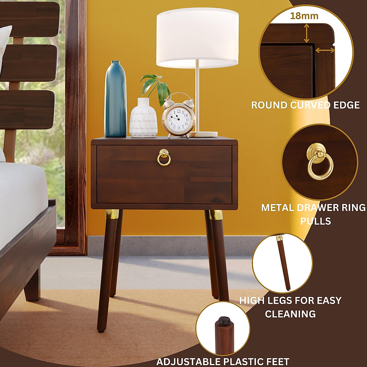 Bme Caden Solid Wood Nightstand/Side Table/End Table, Fully Assembled, with 1-Drawer for Mid Century Bedroom and Living Room, Walnut