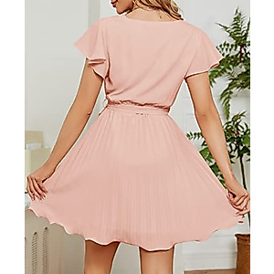 ZESICA Women's Wrap V Neck Mini Dress 2023 Summer Flutter Sleeve Tie Waist Pleated A Line Swing Wedding Party Short Dresses,LightPink,Medium