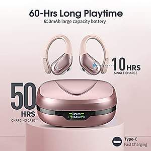 CASCHO Wireless Earbuds, Bluetooth 5.3 Headphones, 60Hrs Playback HD Stereo Audio LED Display, Over-Ear IPX7 Waterproof Earphones with Earhooks, Built-in Mic, Type-C, for Sports (Rose Gold)