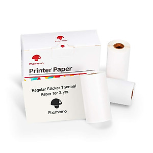 Phomemo White Self-Adhesive Thermal Paper, Glossy Printable Sticker Paper for Phomemo M02/M02 Pro/M02S/M03 Bluetooth Pocket Mobile Printer, Black on White, 50mm x 3.5m, Diameter 30mm, 3-Rolls