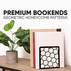 GEOMOD Premium Geometric Black Honeycomb Bookends for Shelves, Metal Book Ends Office, L-Shaped Stopper, Rustproof Decorative Unique Home, 6.25 (L) x 6 (W) inches, 2 Pairs - Geomod, (Pair of 2)