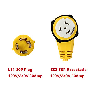 ONETAK L14-30P to SS2-50R 1.5FT Right Angle 90 Degree 120V/240 30 Amp 4 Prong Male to 4 Prong Twist Lock Receptacle Generator RV Marine Shore Boat Power Cord Adapter