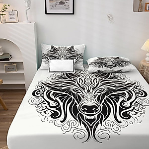 Viking Wolf Sheets Full Size Sheet Sets - Norse Mythology Bed Sheets, Soft Microfiber & Deep Pocket & Wrinkle Free Patterned Bedding Sheets & Pillowcases, 1 Fitted Sheet, 1 Flat Sheet, 2 Pillow Cases