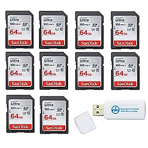 SanDisk 64GB SD Ultra Memory Card 10 Pack UHS-I Class 10 (SDSDUNR-064G-GN6IN) Bundle with (1) Everything But Stromboli Combo Card Reader