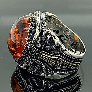 Mens Handmade Ring, Amber Stone Ring, Honey Amber Ottoman Mens Ring, Natural Stone, Men Ring, Gift for Him, 925k Sterling Silver Ring