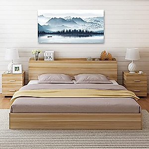 arteWOODS Indigo Canvas Wall Art Misty Mountain Wall Pictures Foggy Lake Boat Canvas Painting Grey Blue Forest Birds Canvas Wall Decor for Living Room Wall Decorations 20" x 40"