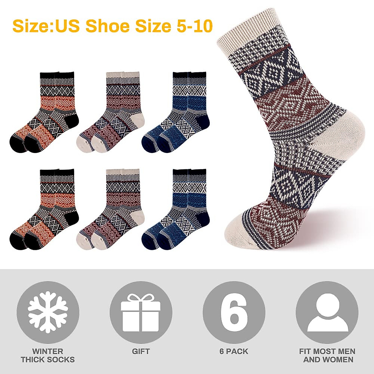 Luckit 6 Pack Warm Cotton Socks for Men and Women, Winter Cabin Socks Men, Vintage Fall Patterned Socks Unisex Knit Thick Cozy Socks