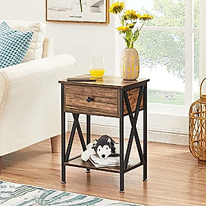 VECELO Set of 2 Nightstands X-Design Side Night Stand Storage Shelf with Bin Living Room Bedroom,Vintage Brown, End Table with Drawer