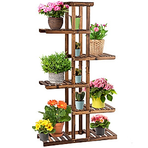Giantex Flower Rack Wood Plant Stand 7 Wood Shelves 11 Pots Bonsai Display Shelf Indoor Outdoor Yard Garden Patio Balcony Living Room Multifunctional Storage Rack Bookshelf W/Hollow-Out Rack