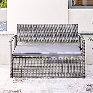 VIFAH V1924 Gabrielle All-Weather Resin Wicker Lounge Patio Sofa Storage Bench in Grey with Cushion, Gray